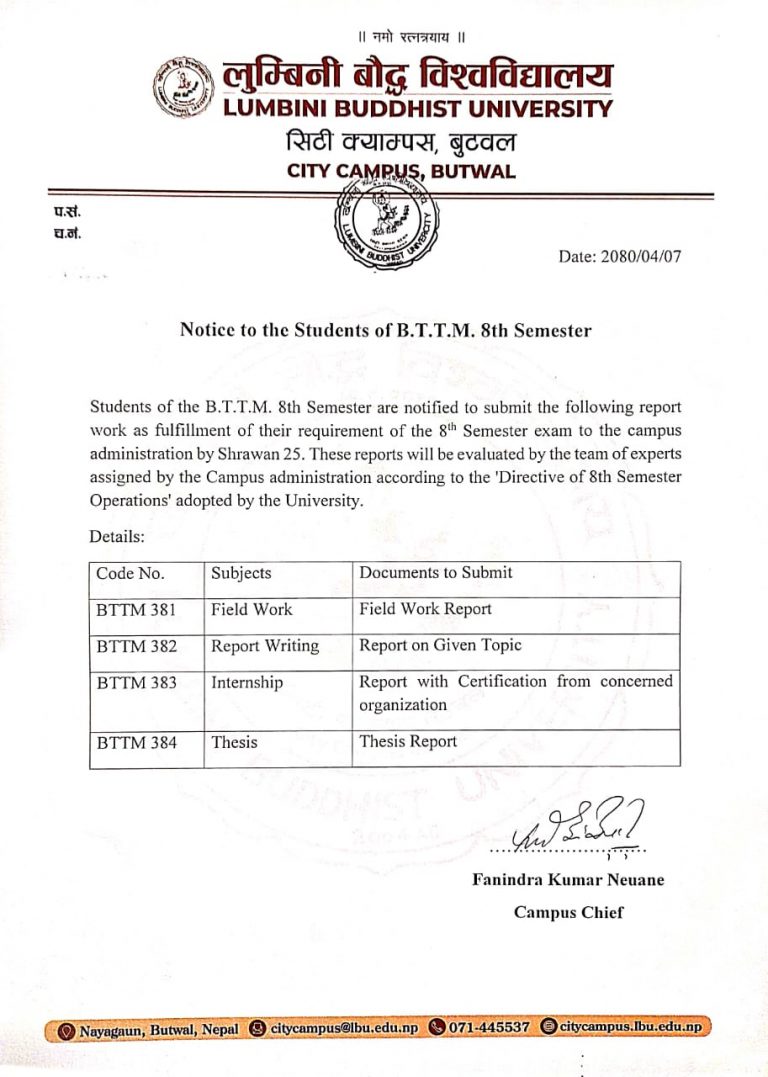 Notice to the Students of BTTM 8th Semester – City Campus Butwal
